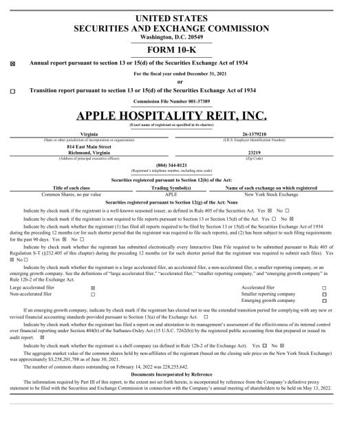Apple Hospitality REIT Inc (APLE) 2021年年度报告「NYSE」.pdf_三个皮匠报告