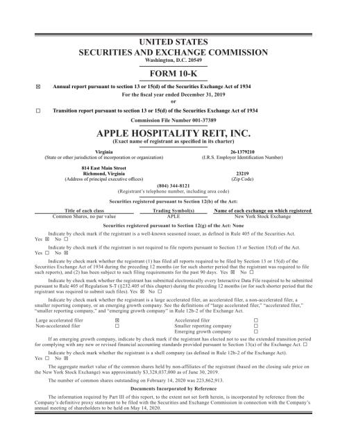 Apple Hospitality REIT Inc (APLE) 2019年年度报告「NYSE」.pdf_三个皮匠报告