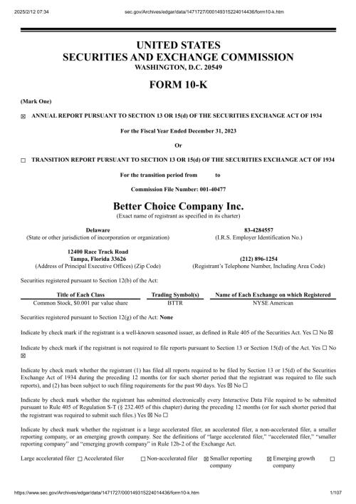 Better Choice Company, Inc. (BTTR) 2023年10-K年度报告「NYSE」.pdf_三个皮匠报告