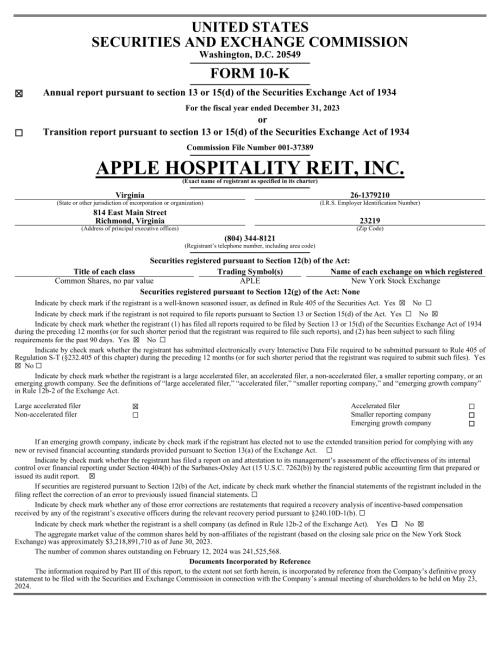 Apple Hospitality REIT Inc (APLE) 2023年年度报告「NYSE」.pdf_三个皮匠报告
