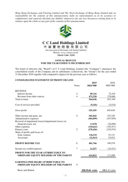 CCLAND：AnnualResultsfortheyearended31December2019.pdf_三个皮匠报告